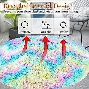 TIMDAM Fuzzy Round Rug for Bedroom, 4 Feet Round Area Rug, Fluffy Circle Carpet for Bedroom, Soft Cute Rainbow Rug for Kids Room, Furry Rugs for Girls Bedroom, Plush Shaggy Rug Home Decor