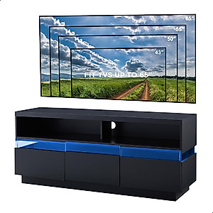 T4TREAM LED TV Stand for 65 Inch TV, Modern Gaming Entertainment Center with LED Lights, Media Storage Console Table with Large Sliding Drawer & Side Cabinets for Living Room, Solid Black, 58 Inch