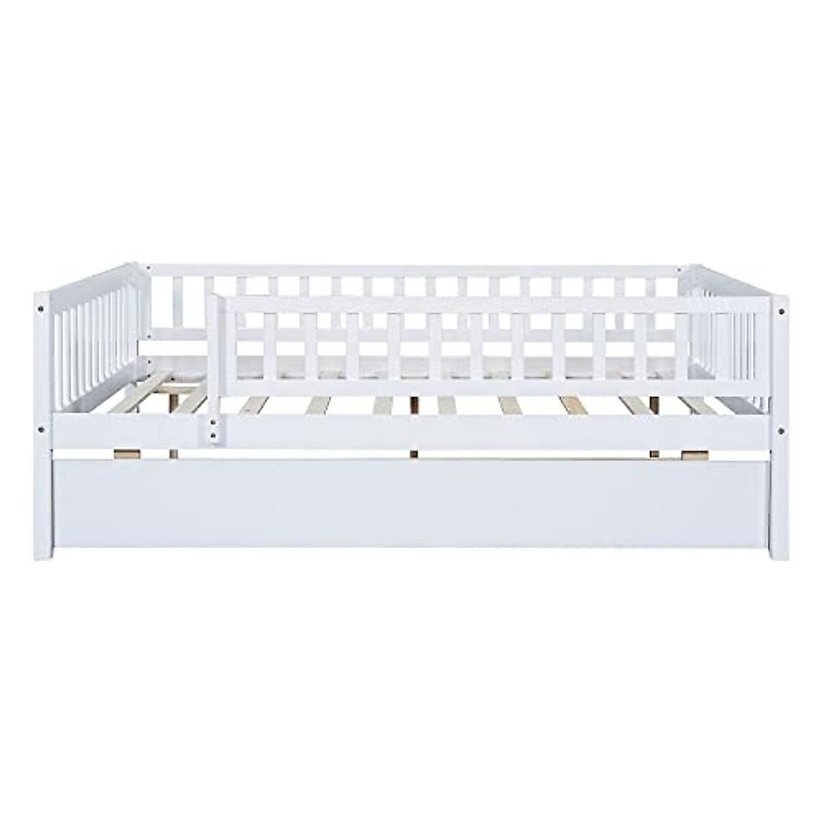 Vierniya Kid Bed with Fence and Trundle Full Size Trundle Bed with Rails, Wooden Toddler Daybed Montessori Bed for Boys Girls, White