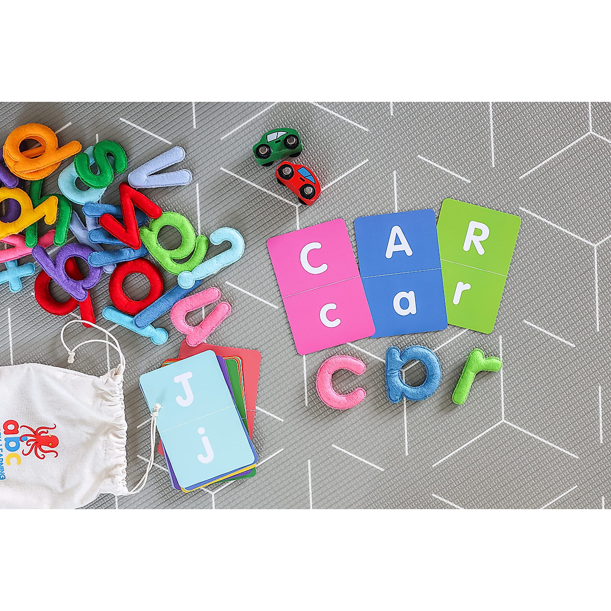 Curious Columbus Montessori Felt Letters and ABC Flash Cards - Lowercase Large Alphabet Letters for Toddlers and Educational Flashcards for Preschool. Felt Letter Set and Montessori Baby Flash Cards
