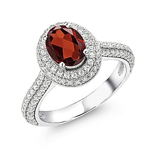 Gem Stone King 925 Sterling Silver 8X6MM Oval Gemstone Birthstone and White Moissanite Halo Engagement Ring | Wedding Anniversary Promise Ring For Women | Size 5,6,7,8,9