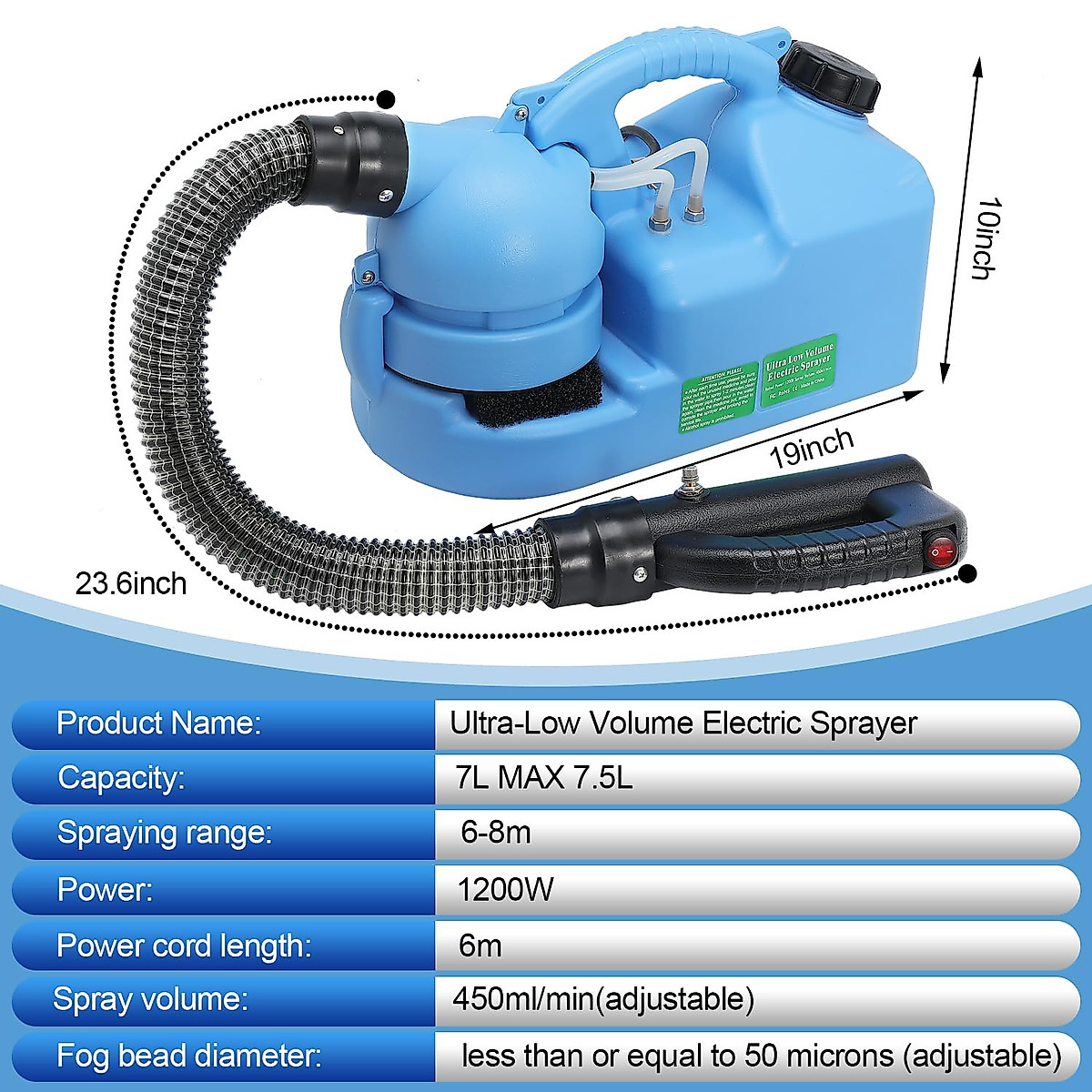 Electric ULV Fogger Sprayer Machine 7L (1.85 Gallon) Capacity, Portable Ultra-Low Atomizer Foggers Sprayer for Indoor and Outdoor Use