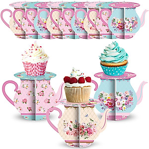 12 Pcs Tea Party Decoration Small Teapot Cupcake Stand Teapot Party Favor Vintage Tea Party Table Decoration Flower Cake Dessert Stand for Tea Party Supplies Birthday Wedding Women Girl