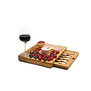 Itopfox Bamboo Cheese Board and Knife Set for Kitchen, Charcuterie Board with Drawer, Serving Tray, Charcuterie Platter Cutting Board Cheese Meat Fruit, Housewarming Wedding Birthday Christmas Gift