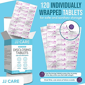 JJ Care Disclosing Tablets - 120 Count of Teeth Coloring Plaque Disclosing Tablets, Berry Flavored Dental Disclosing Tablets for Kids and Adults, Individually Wrapped Plaque Tablets