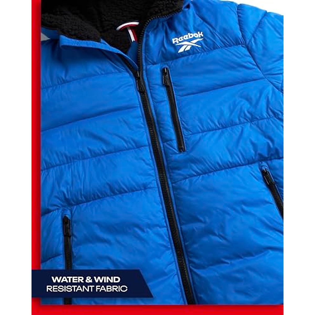 Reebok Men's Winter Jacket - Heavyweight Quilted Puffer Parka Coat - Ski Jacket for Men, Sherpa Lined Hood (S-XL), Size Medium, Vector Blue