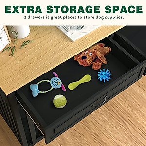 Lovinouse Large Double Dog Crate Furniture, 72.4" Wooden Dog Crate Kennel with 2 Drawers and Divider, XXL Dog Crates Furniture for Large Dog or 2 Medium Dogs Indoor, Black+Natural Tabletop