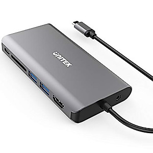 UNITEK Hub USB-C with Power Delivery, HDMI v.1.4 4K@30Hz, Ethernet/Internet Connection, 2 x USB 3.0, USB C with PD 100 W, 20 V/5 A, SD Card Reader, 3.5 mm Audio Connection, Aluminium, Grey