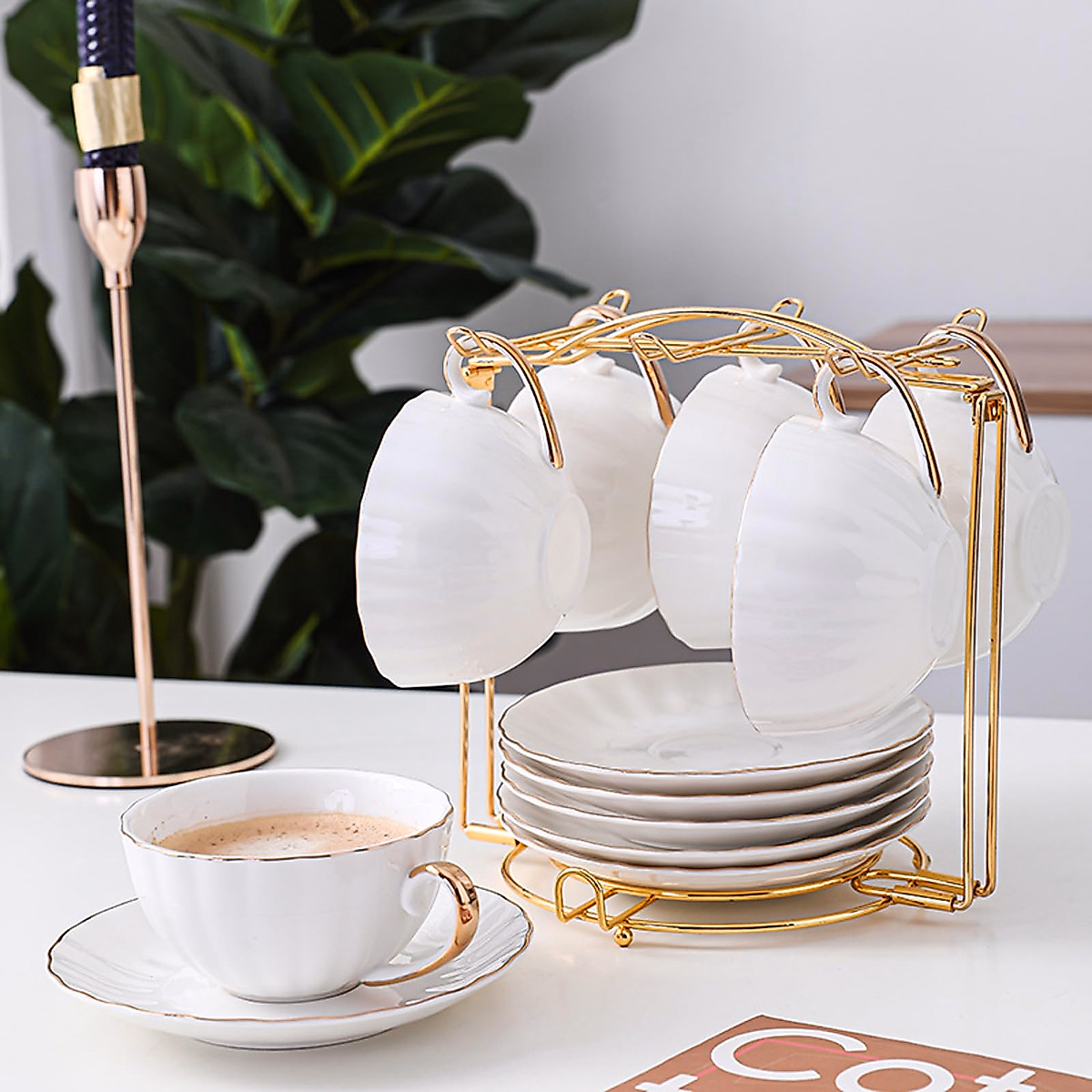 SJORHNUS Tea Cups Holder,Gold Metal Coffee Cup Tea Cups Rack,Foldable Organizer for Coffee Cup Spoon and Saucers