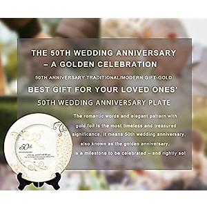 Urllinz 50th Wedding Anniversary Plate with 24k Gold Foil-50th Anniversary Wedding Gifts for Parents Couple,50 Year Golden Wedding Gifts for Her Him,9 Inch Porcelain Plate for Grandparents with Stand