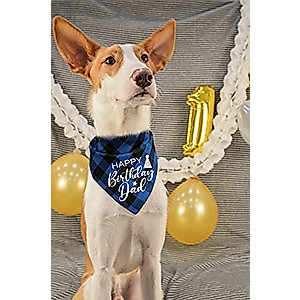 YHTWIN Funny Cute Cotton Blue Plaid Happy Birthday Dad Pet Dog Bandanas, Pet Birthday Party Decorations Supplies Dad Dog Birthday Triangle Bibs, Dog Lover Prop Pet Accessories Gift