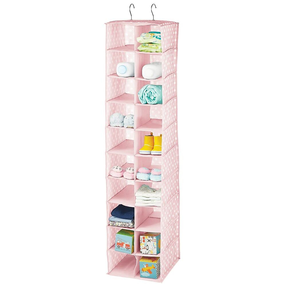 mDesign Soft Fabric Over Closet Rod Hanging Storage Organizer with 20 Shelves for Baby Room or Nursery - Tiered Hanging Organizers - Polka Dot Print - Pink/White