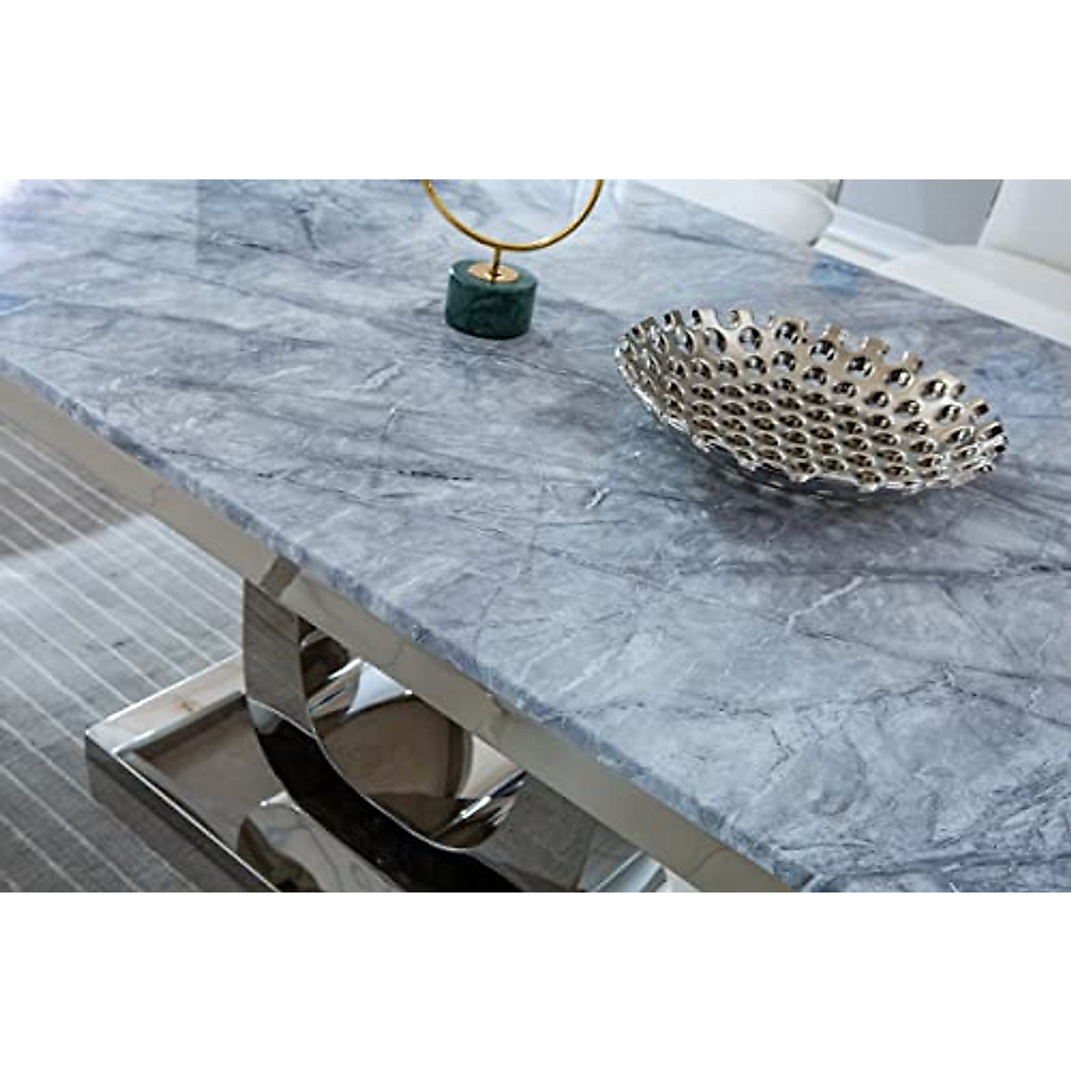 78'' Marble Dining Room Table for 6 or 8, Dining Table with Silver Stainless Steel "U" Shaped Pedestal, Rectangular Kitchen Table with 0.71'' Thick Gray Marble Tabletop, Mirror Finish Base(No Chairs)