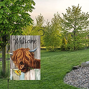 Spring Highland Cow Garden Flag 12x18 Double Sided Burlap, Rustic Farmhouse Scottish Highland Cow with Sunflower Garden Yard Flags Sign Small for Outdoor Outside Decoration (Only Flag)
