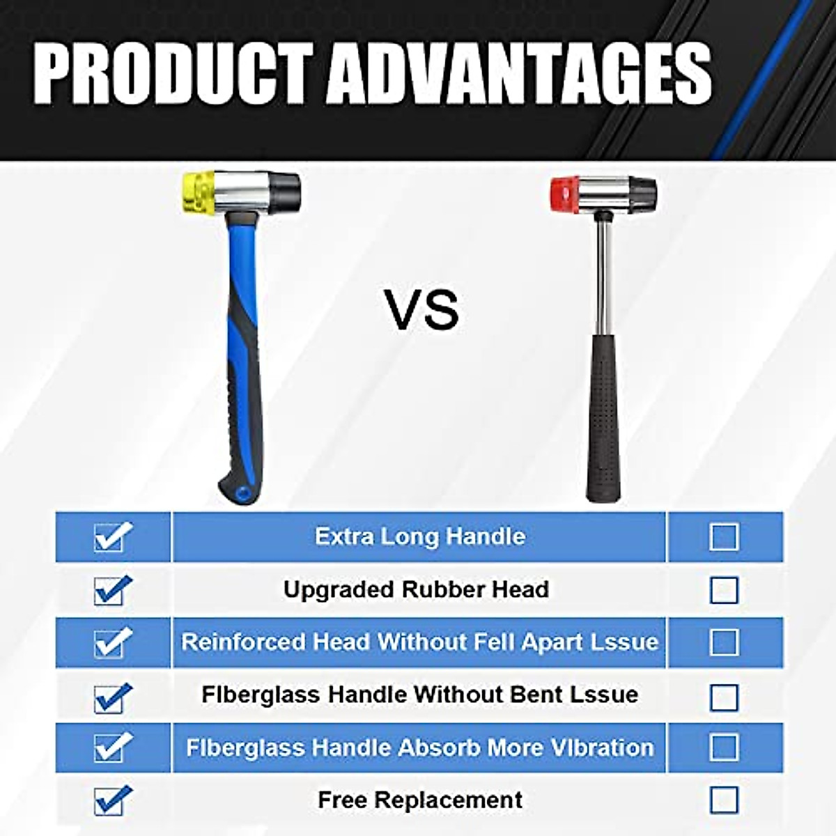 C&T 2-Piece Hammer Set,Black Rubber Mallet Hammer, Double-Faced Soft Hammer With Fiberglass Handle,Rubber Mallet Set