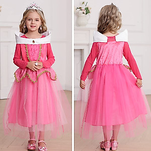 iTVTi Girls Princess Dress Up Halloween Party Costume with Crown Wand Earrings Ring, Pink, 5-6 Years (Label 130)