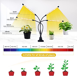 Kalrin Grow Lights for Indoor Plants, Four Head Grow Light with Full Spectrum, Adjustable Gooseneck Plant Light for Indoor Plants, Grow Lights for Seed Starting, 4 Modes, Auto 3/6 /12h Timer