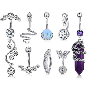 THUNARAZ 14G Clicker Belly Button Rings Surgical Steel Sparkled CZ Opal Belly Button Piercing Dangling Snake Evil Eye Butterfly Belly Ring for Women Sexy Reverse Navel Belly Piercing Jewelry