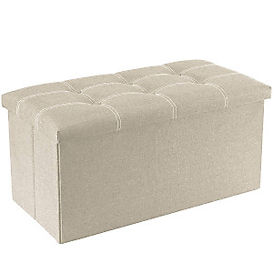 YOUDENOVA 30 inches Folding Storage Ottoman, 80L Ottoman Bench Footrest Stool, Linen Fabric Beige Storage Chest Padded Seat for Bedroom and Living Room, Support 350lbs