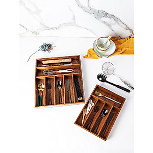 Kitchen Drawer Organizer Acacia Wood/Rubber Wood Flatware and Utensil Organizer Silverware Holder and Kitchen Storage Solution - Drawer Organizers for Kitchen (Acacia Wood, 14''x10'')