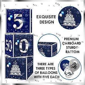 3Pcs 50th Birthday Decorations Boxes for Men Blue Silver 50th Happy Birthday Balloons Boxes Party Supplies 50 Year Old Birthday Theme Cardboard Box Decor.