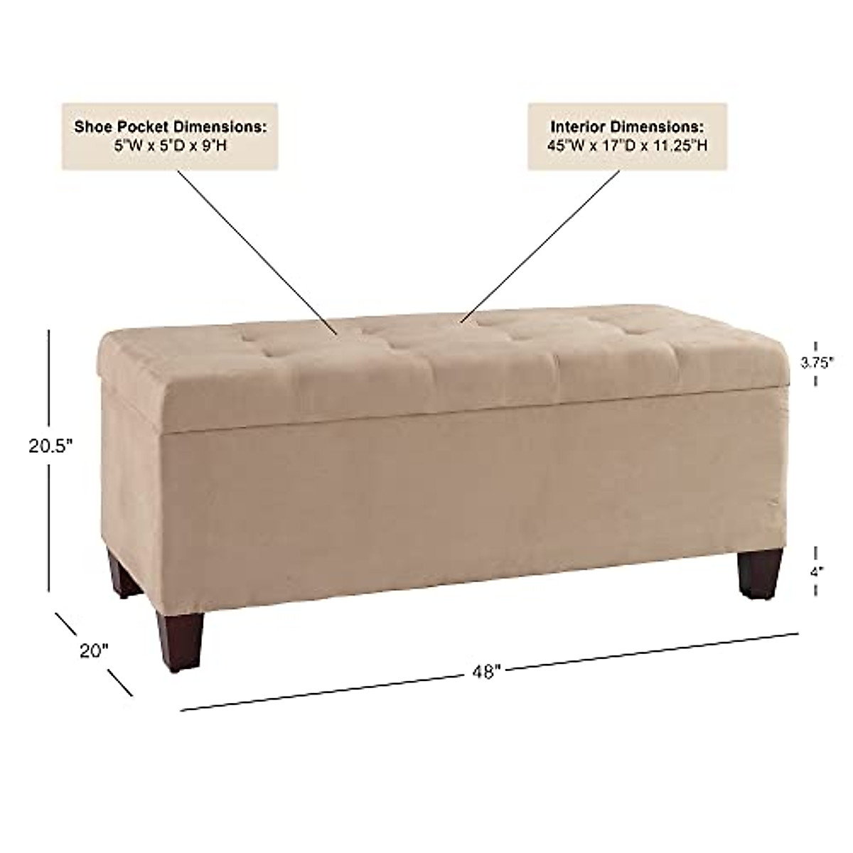 Linon Carmen Shoe Storage Ottoman, 20" x 48" x 20", Beige
