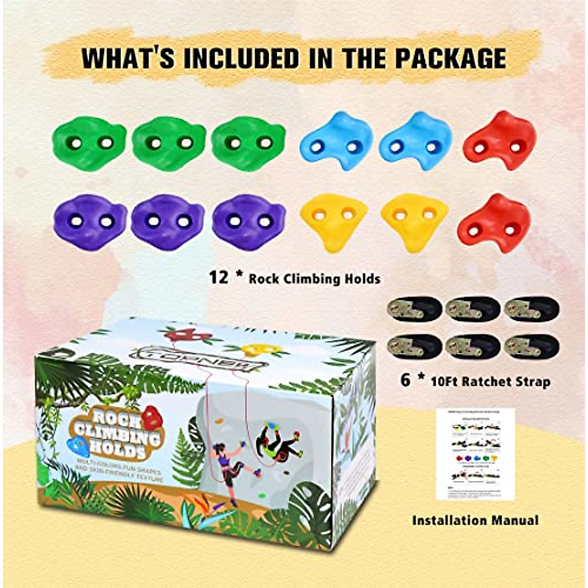 TOPNEW 12 Ninja Tree Climbing Holds for Kids Climber, Adult Climbing Rocks with 6 Ratchet Straps for Outdoor Ninja Warrior Obstacle Course Training