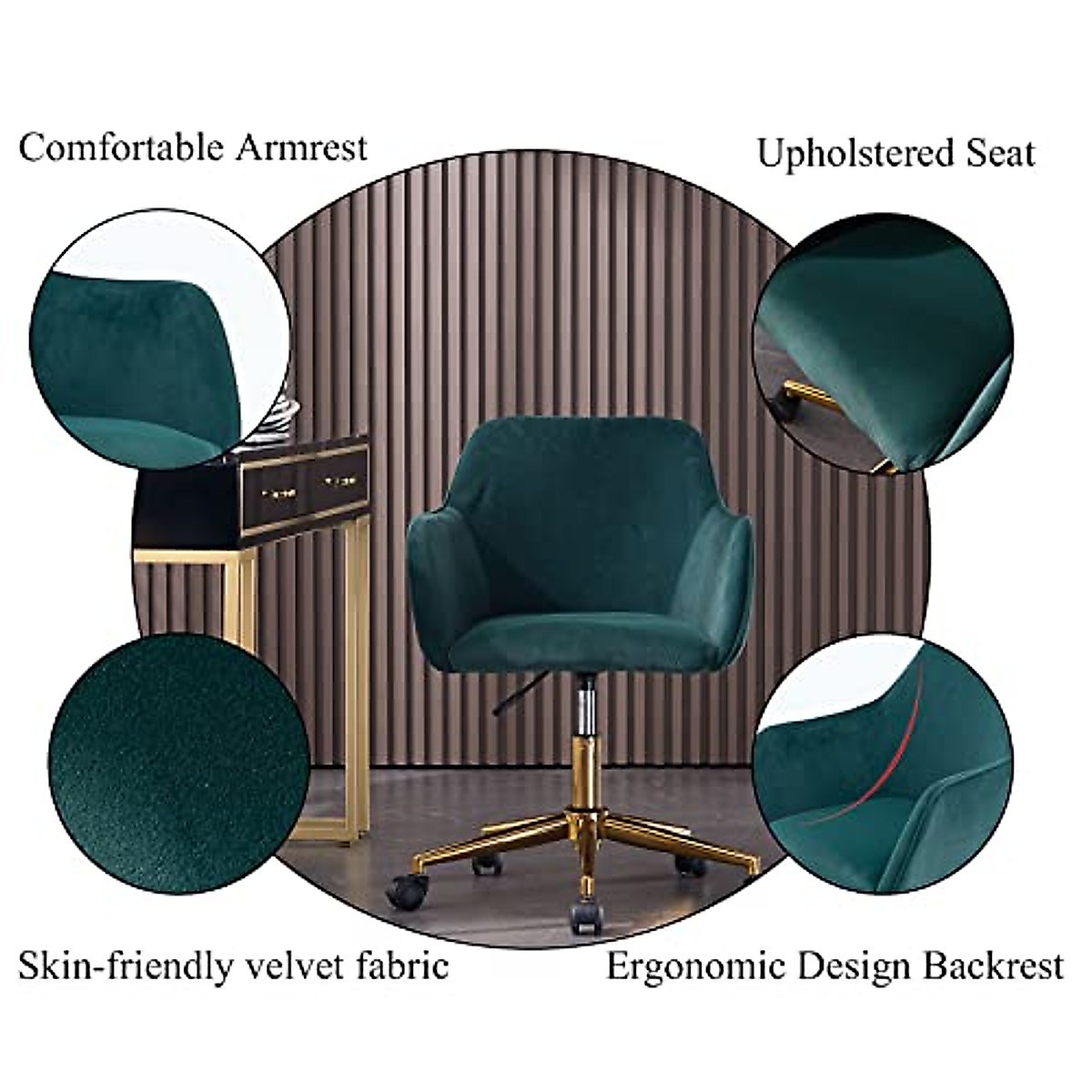 Mcltopz Desk Chair, Modern Velvet Home Office Chair, 360° Swivel Height Adjustable Office Chair with Gold Metal Legs, Vanity Makeup Chair Computer Task Chair for Home Office Living Room (Dark Green)
