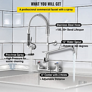 VEVOR Commercial Faucet Pre-Rinse with Sprayer, 8in Adjustable Center Wall Mount Kitchen Faucet with 12" Swivel Spout, 36" Height Compartment Sink Faucet for Industrial Restaurant, Lead-Free Brass