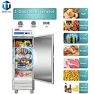 WESTLAKE 27" W Commercial Refrigerator Stainless Steel Reach in Solid Single Door Upright Fan Cooling 23 Cu.ft Cooler for Restuarant, Bar, Shop, etc