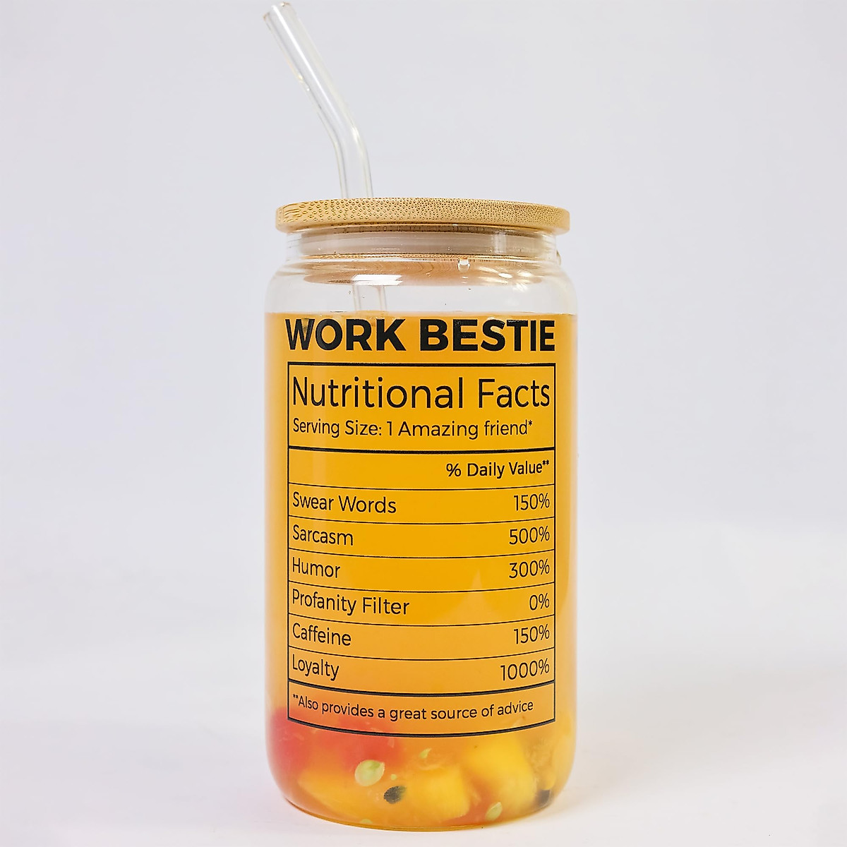 Work Bestie Nutritional Facts Glass Can with Lids And Straw- Work Bestie Definition Friendship, Funny Gift for Friend, Colleagues, Thank You Gift For Coworkers, Birthday Christmas Gifts, Iced Cup 16oz