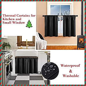 Black Tier Curtains 24 Inch Length for Kitchen,Dark Out Heat Sun No Light Blocking Thermal Insulated Fabric Small Blackout RV Blinds/Shades for Inside Windows Travel Trailers Accessories,Pair Set of 2