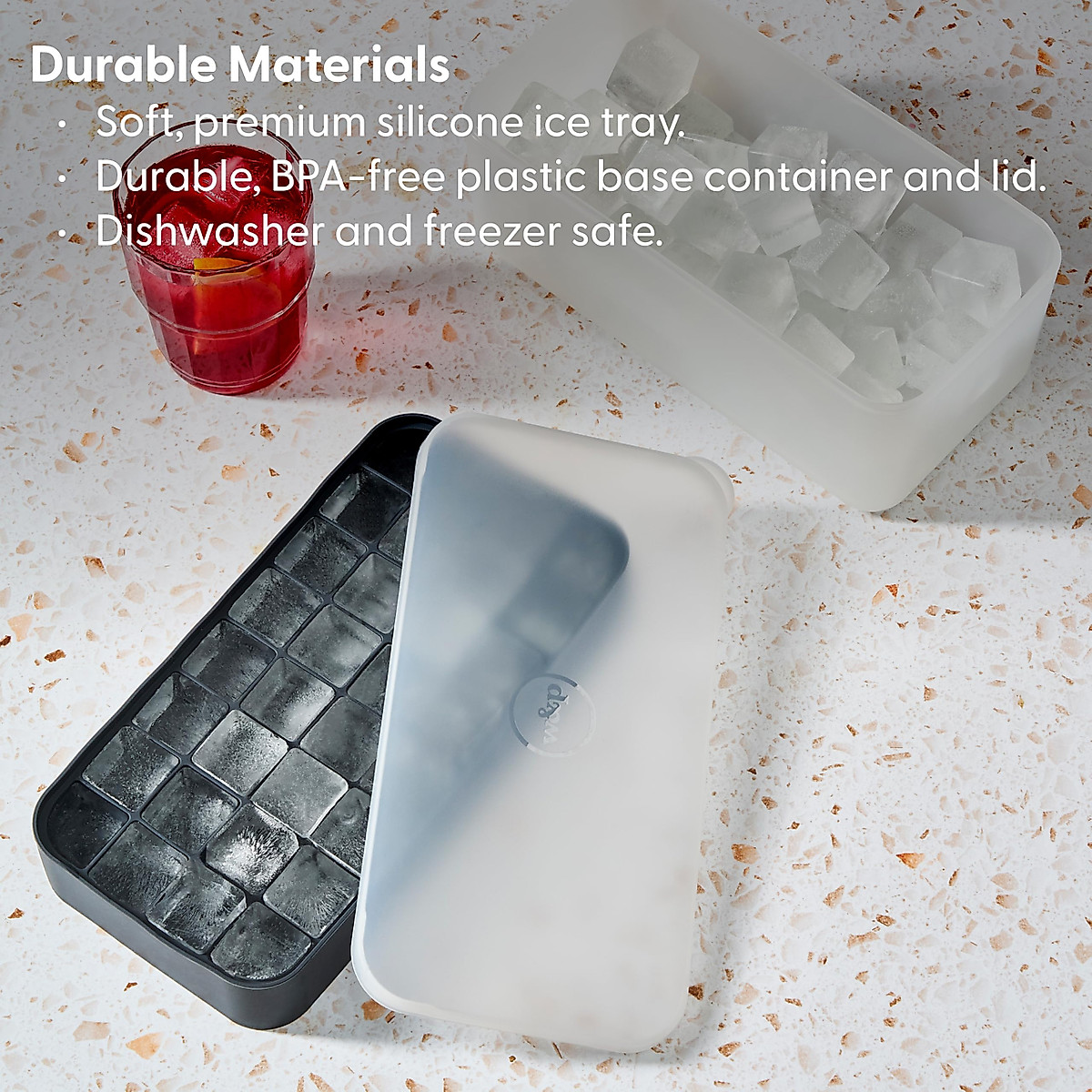 W&P Ice Box Silicone Ice Cube Tray with Lid & Bin, Holds 96 Cubes, Easy Release, Space-Saving Stackable Design, Dishwasher Safe, Cream, Large