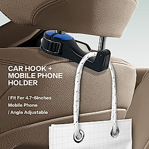 Rsept 2 Pack Car Hook,2 in 1 adjustable Car Seat Hooks Multi-Function with Phone Holder,360° Rotation Headrest Hooks Car Seat Storage Organizer,Car Back Seat Headrest Hanger Holder Hook (Blue)