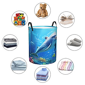 Cute Dolphin Printed Circular Hamper Laundry Basket For Bathroom Toy Storage Organizer Basket Collapsible Round With Handles Laundry Hamper