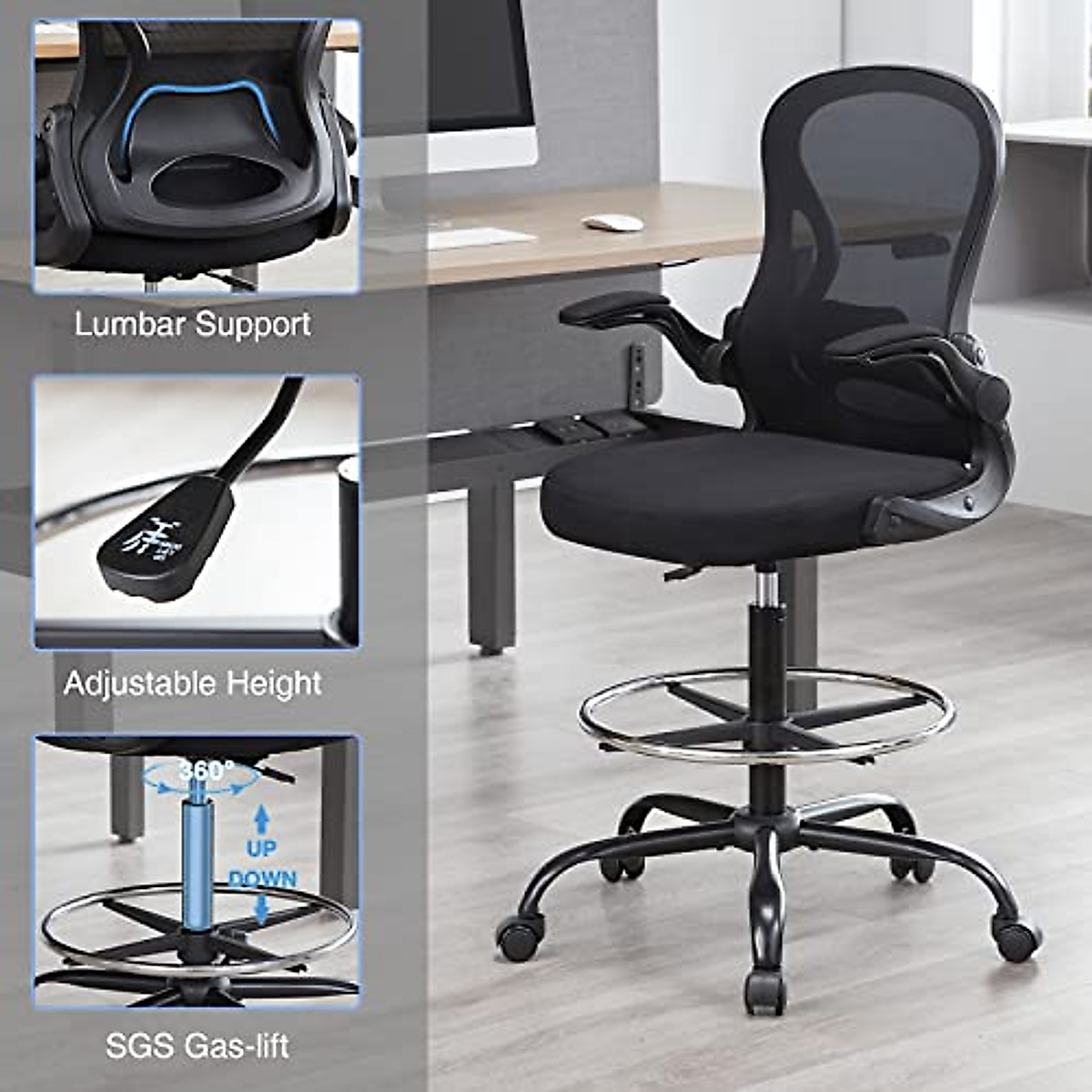 Fefances Drafting Chair Tall Office Chair for Standing Desk Chair Adjustable Height Stool Chair Black