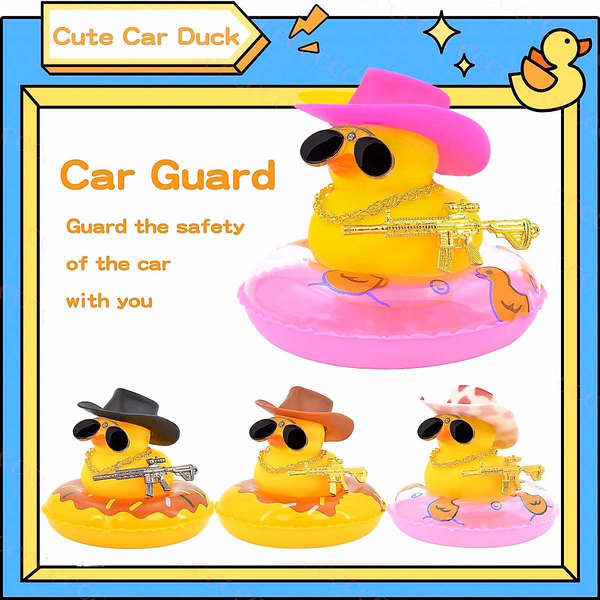 Rubber Duck for Car - Car Duck Decoration Dashboard, Rubber Duck Toy Car Ornament, Car Accessories Duck with Mini Sun Hat Swim Ring Necklace and Sunglasses for Party Favors, Birthdays, Bath Time