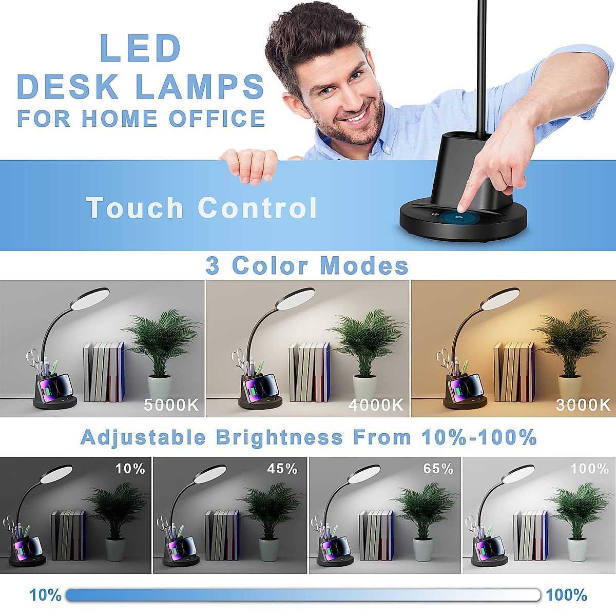 Sailstar Desk Lamp, Desk Lamps for Home Office with Wireless Charger & Pen Holder, 800 Lumens Gooseneck 3 Modes Dimmable Touch Circular LED Desk Light, Small Desk Lamp for College Dorm Room, Black