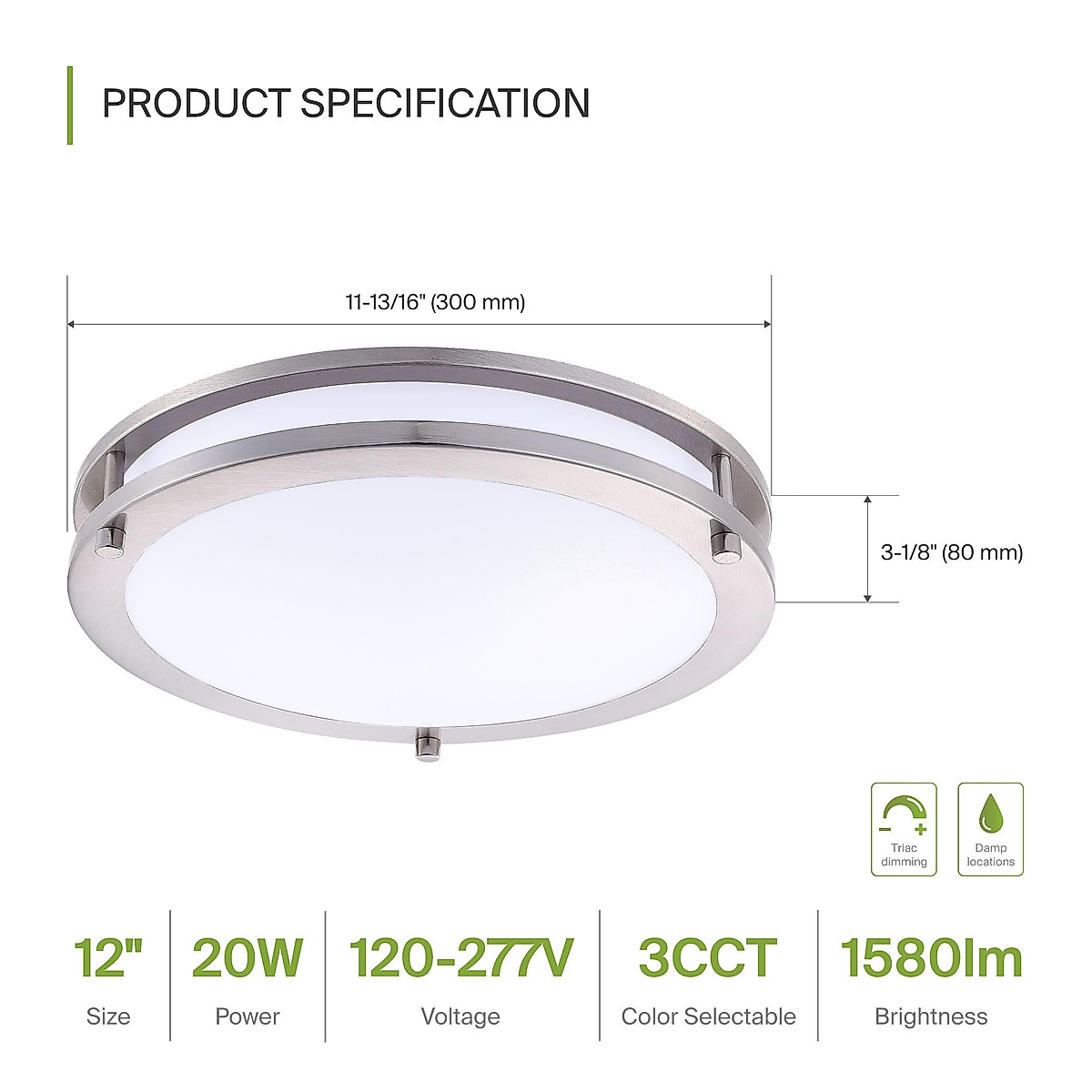 ASD LED 12 Inch Round Flush Mount Light Fixture | 20W 1600LM 3000K-5000K 100-277V | 3CCT, Dimmable, Energy Star, ETL Listed | Close to Ceiling Double Ring Lamp, Low Profile Lighting | Nickel