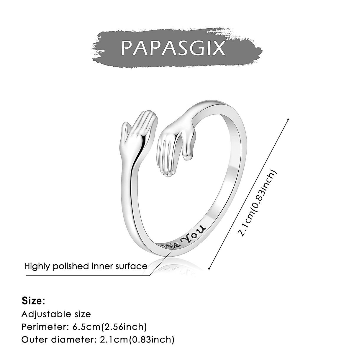 papasgix Hug Ring for Women 925 Sterling Silver,Hug Rings Silver Hugging Hands Open Promise Ring Jewelry Hug Hands Mens Rings Couples Wedding Bands (Silver)
