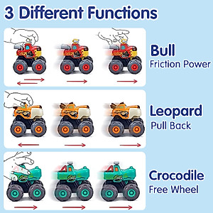 HOLA Toys for 1 + Year Old Boy Gifts, 3 Pack Monster Trucks for Boys Toys for 1 2 + Year Old Boy Girl Gifts, Friction Powered Pull Back Push and Go Toy Cars for Toddler 1-3 Baby Boy Toys 12-18 Months