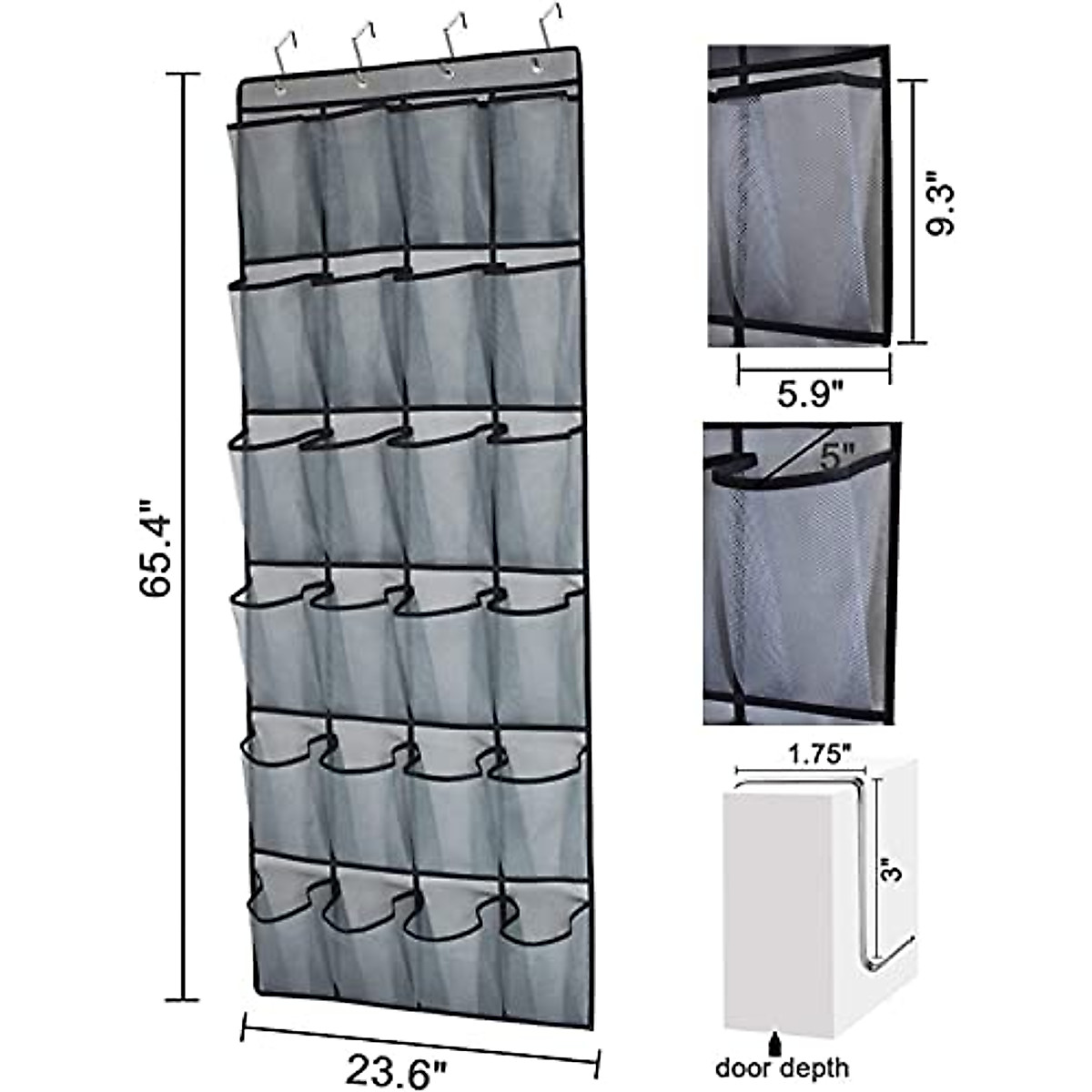 Over The Door Hanging Shoe Organizer 24 Extra Large Mesh Pockets Hanging Shoe Rack Holders for Closet Storage Men Sneakers,High Heeled Shoes,Double Stitching with 4 Metal Hooks,Gray 65.4"X23.6"