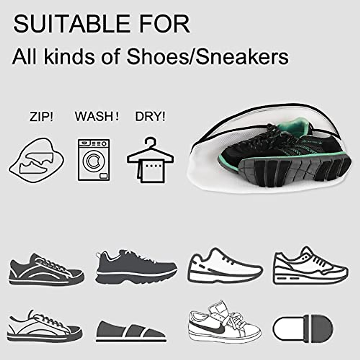 Vivifying Shoe Washing Bag, Set of 3 Mesh Shoe Laundry Bags with Zip Closure for Sneakers, Running Shoes, Socks, Bras