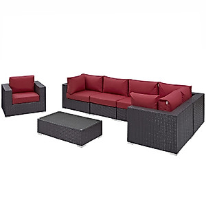 Modway Convene Wicker Rattan 7-Piece Outdoor Patio Sectional Sofa Furniture Set in Espresso Red