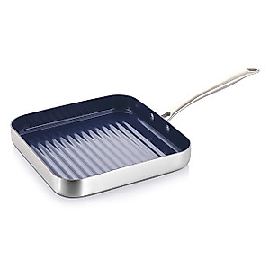 Eternal Living Nonstick Frying Pans Grill Pan Stainless Steel and Ceramic Infused Square Griddle, Blue 9.5”