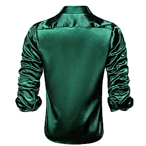 Hi-Tie Men's Dark Green Dress Shirt Long Sleeve Satin Silk Like Regular Fit Solid Turn Down Collar Shirt Casual Prom Daily