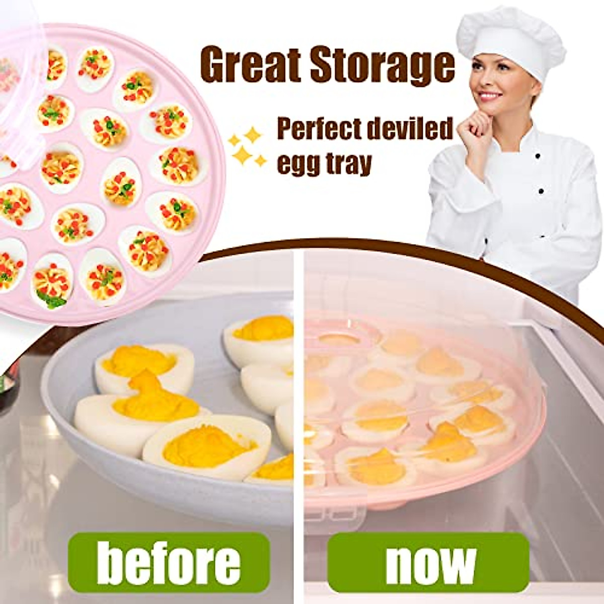 HANSGO Deviled Egg Platter, Pink Deviled Egg Containers with Lid Plastic Deviled Egg Keeper Platter Carrier for Holiday Season Table Party, 22 Egg Slots