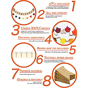 Give Thanks Banner, 2 Pcs Thanksgiving Burlap Bunting with Bows and Felt Fall Leaves Wood Bead Garland Autumn Maple Friendsgiving Decorations for Fireplace Mantel Office Classroom Party Hanging Decor