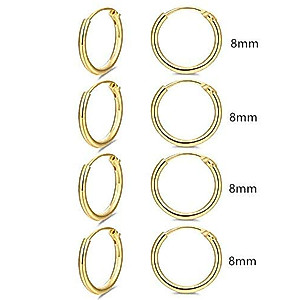 Hoop Earring 14K Gold Plated S925 Sterling Silver Endless Hoop Earring Set for Women Men 8mm-12mm (4 pairs 14K gold 8MM)