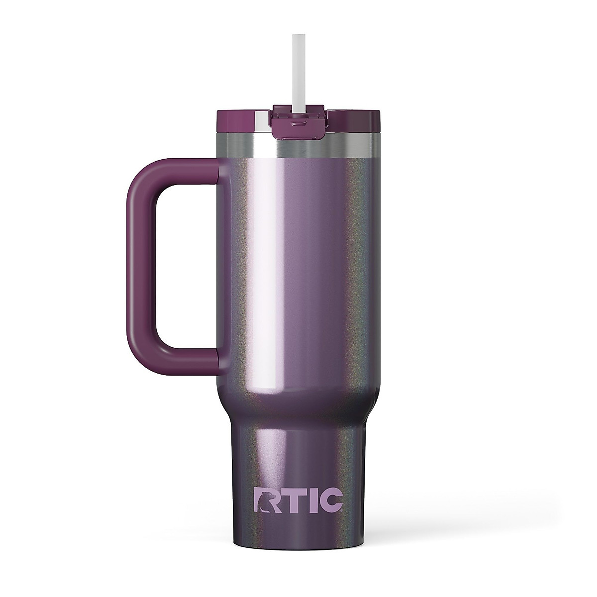 RTIC 30 oz Road Trip Tumbler Double-Walled Insulated Stainless Steel Portable Travel Coffee Mug Cup with Lid, Handle and Straw, Plum Glitter